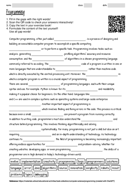 Worksheet With The Topic Programming Materials School